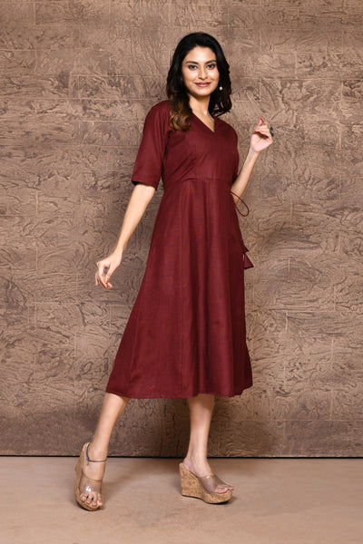 Solid color cotton slub angrakha pattern one piece with V neck and att ...